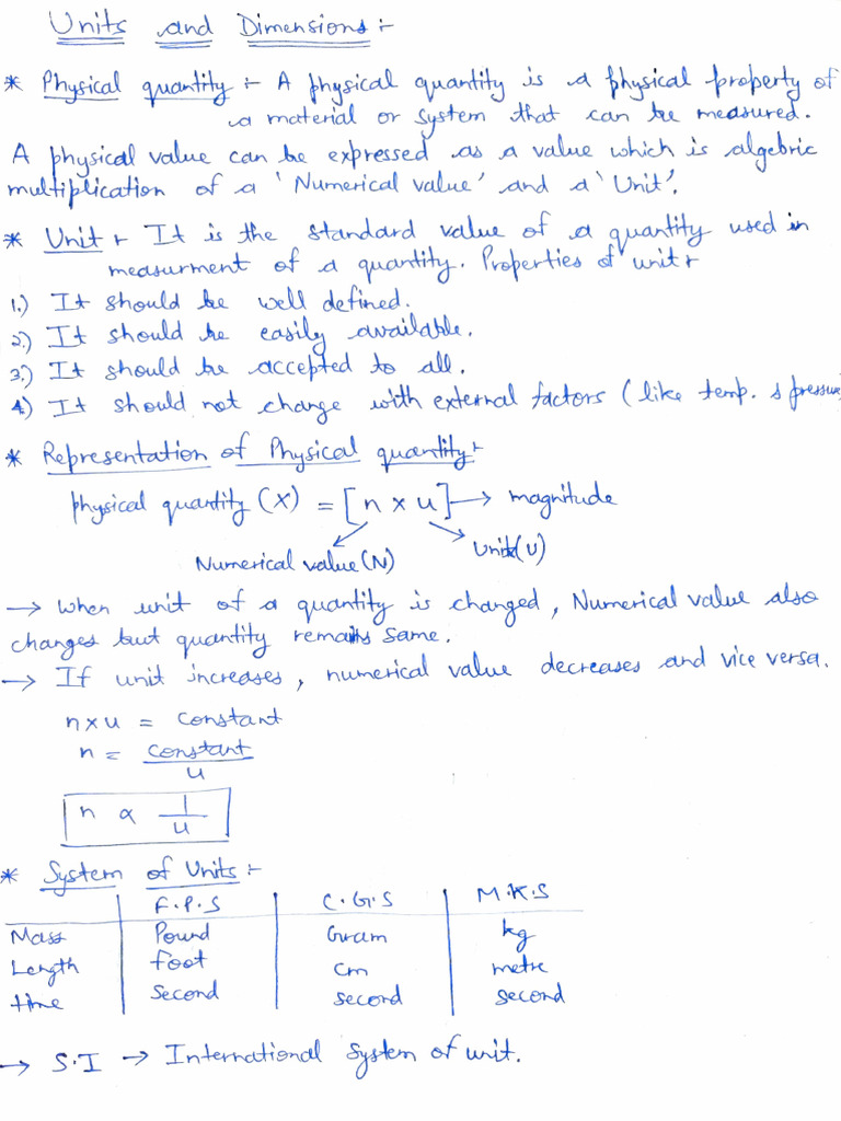 Units and Dimensions Jee Notes | PDF