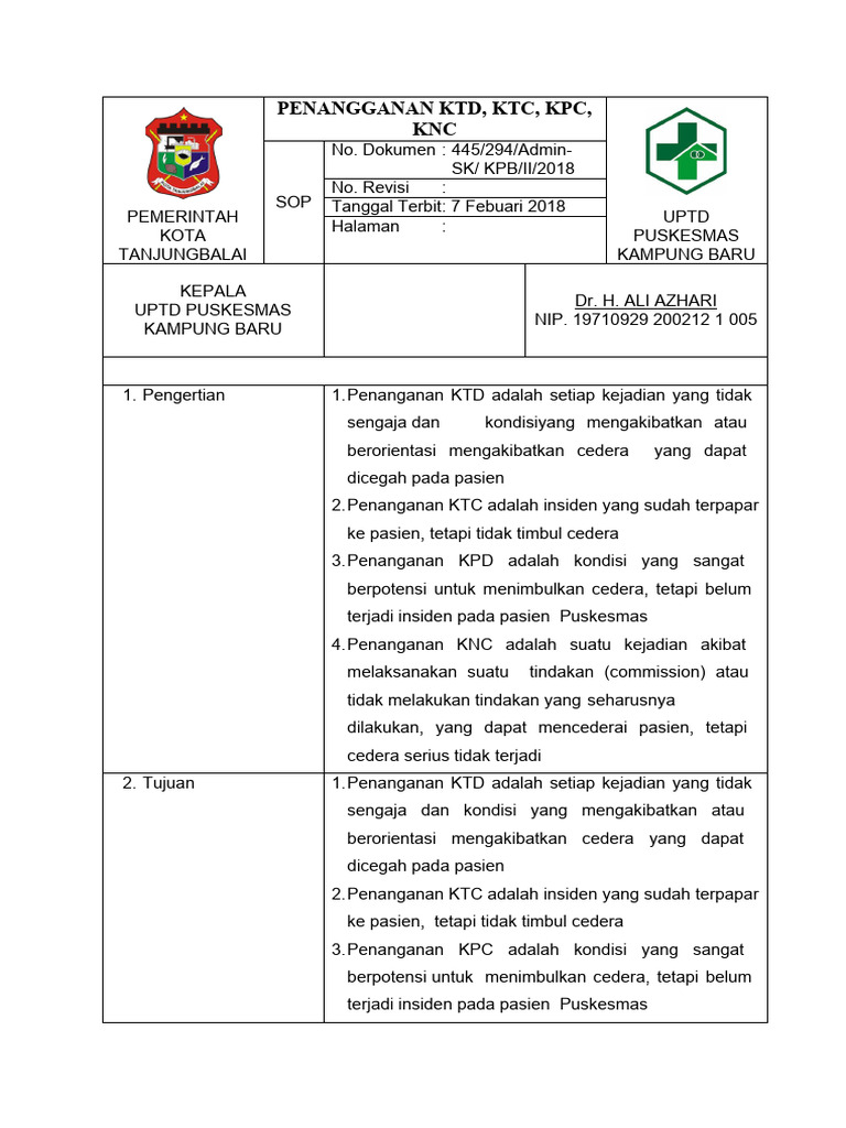 9.1.1.6.B SOP Penanganan KTD, KTC, KPC, KNC - Docx EDIT BARU | PDF