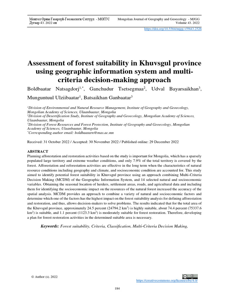 Assessment of Forest Suitability in Khuvsgul Province Using Geographic Information System and ...