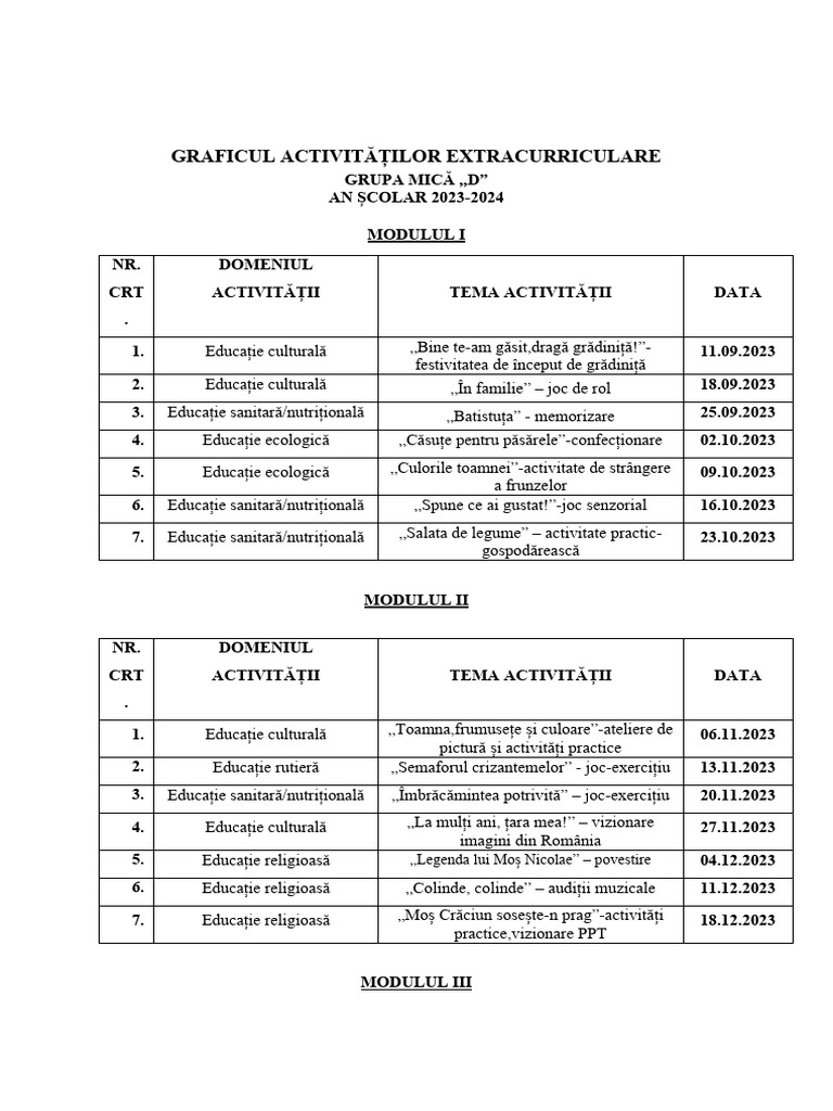 Planificarea Activitatilor Extracurriculare 20232024 | PDF