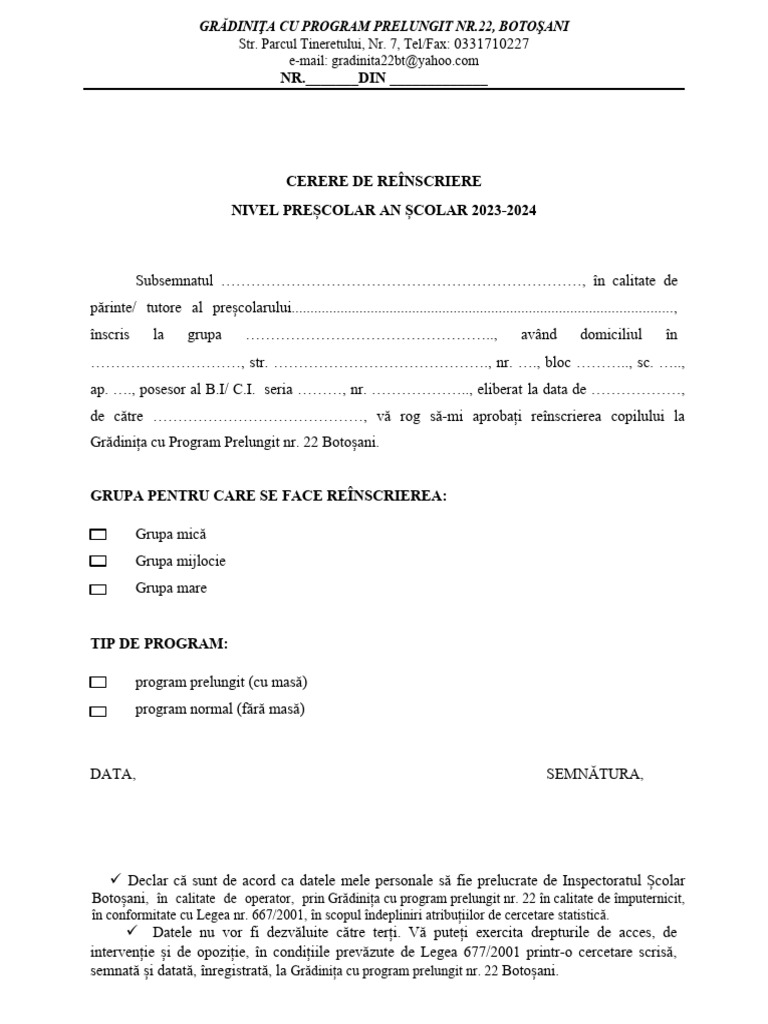 Cerere Reînscriere Învățământ Preșcolar 2023-2024 | PDF
