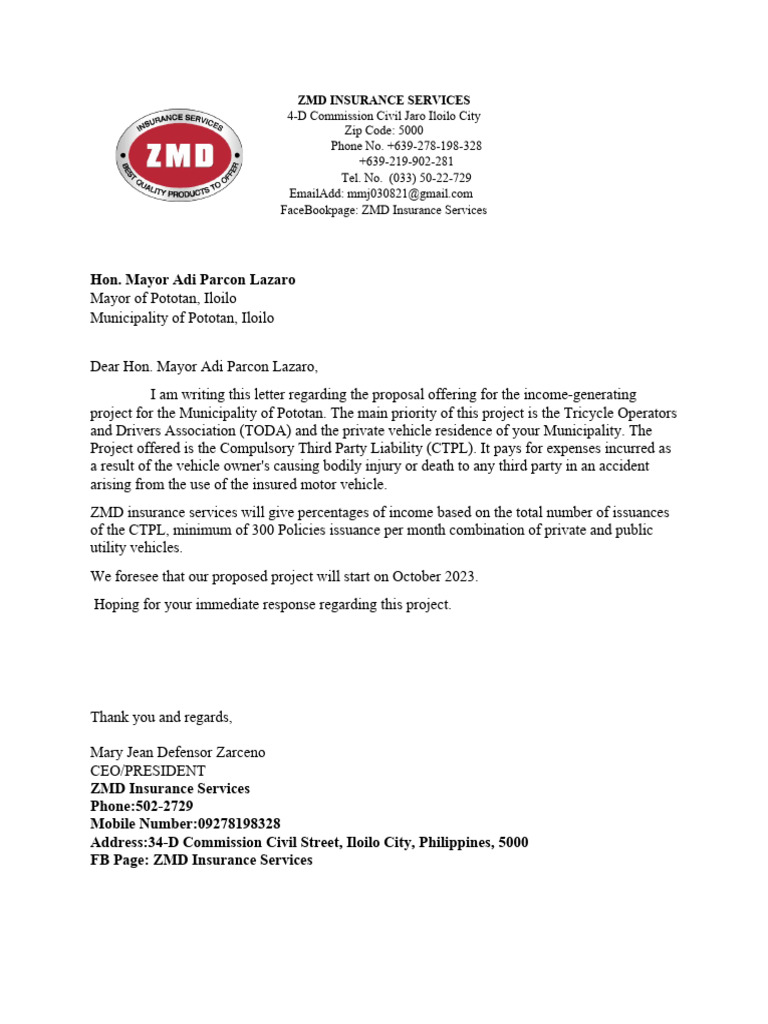 Mayor Adi Lazaro Proposal Letter of ZMD Insurance Services | PDF