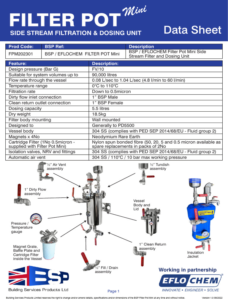 EFLOCHEM - FIlter Pot Mini Datasheet - V1.0 08-2022 | PDF | Filtration | Water