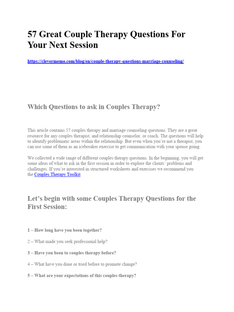 57 Great Couple Therapy Questions For Your Next Session | PDF