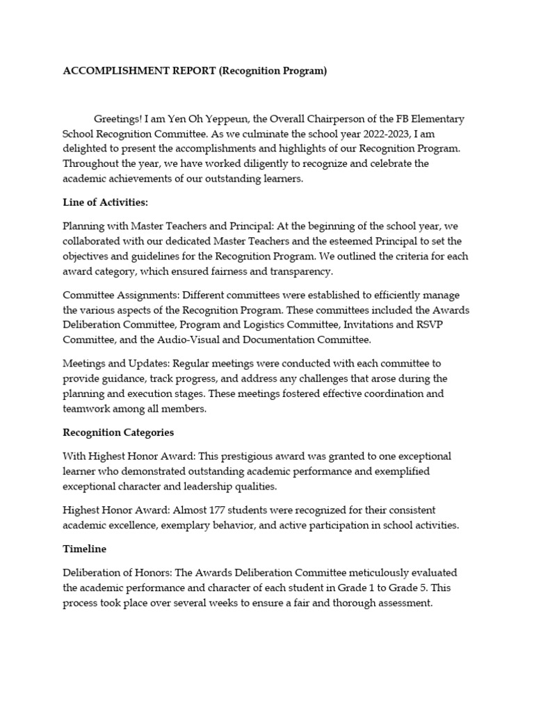 ACCOMPLISHMENT REPORT - Recognition Program | Download Free PDF | Cognition | Learning