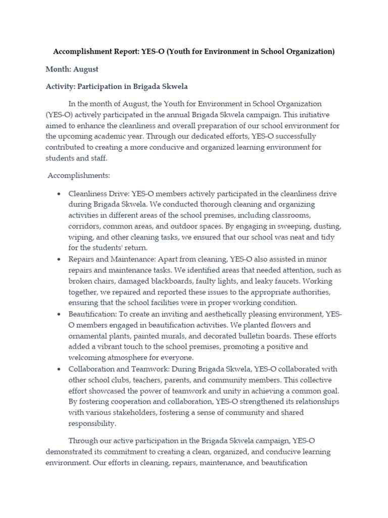 Accomplishment Report YES-O | PDF