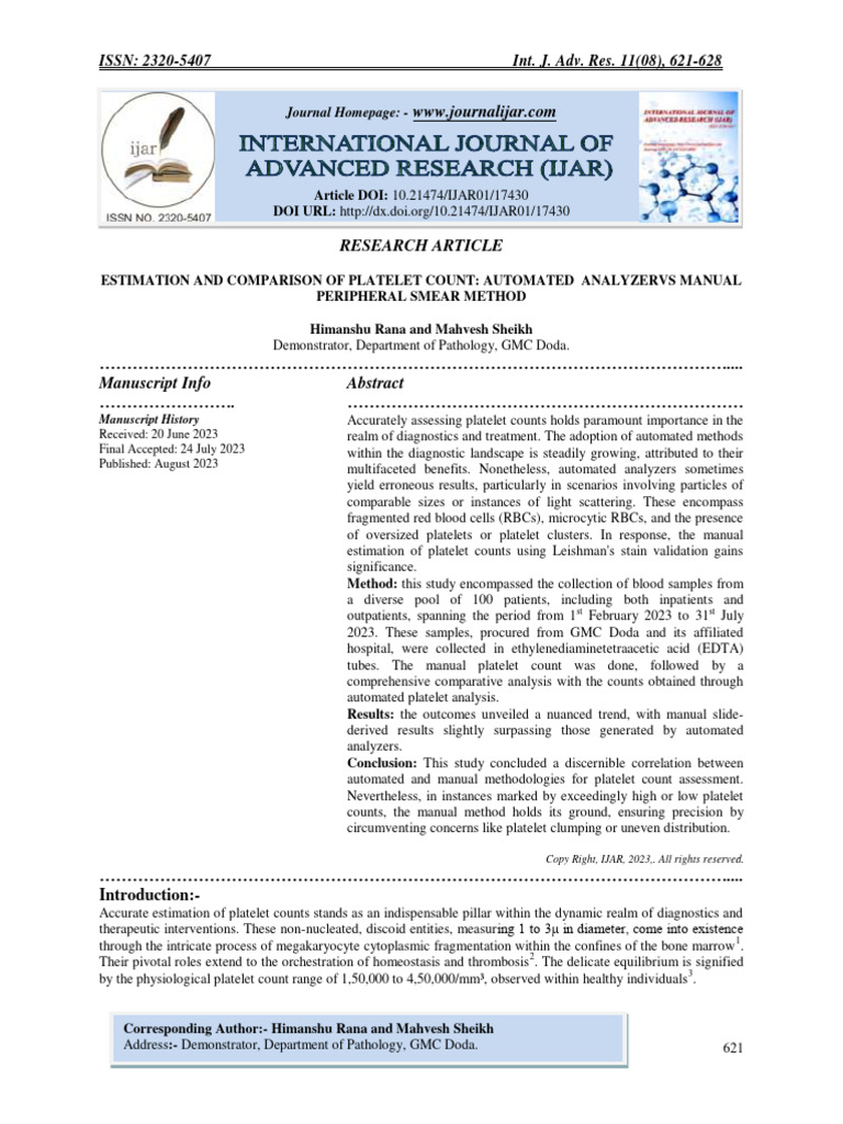 Estimation And Comparison Of Platelet Count Automated Analyzervs