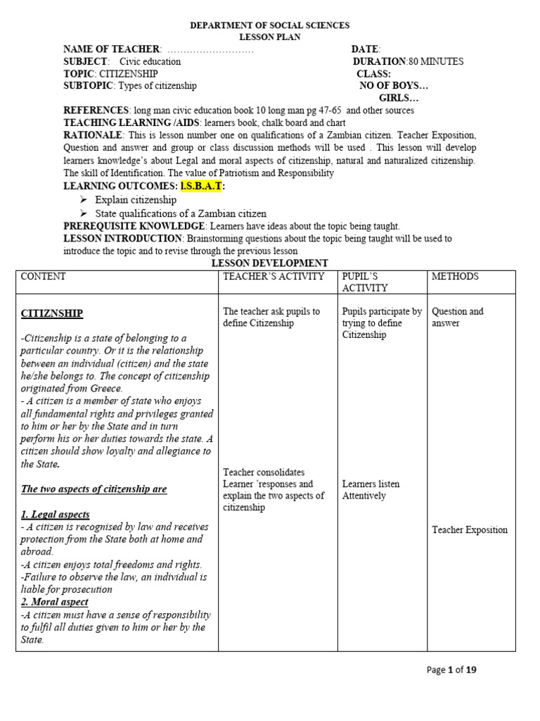 G.10.civic Ed. Citizenship .... Lesson Plans | PDF