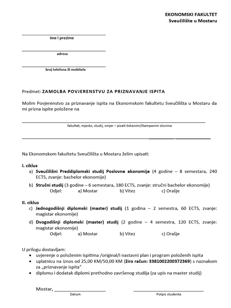 Zamolba Povjerenstvu Za Priznavanje Ispita-Konačno, Svi Studiji | PDF