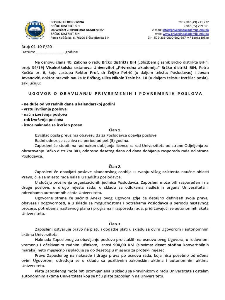 20-03-01 Ugovor o Obavljanju Privremenih I Povremenih Poslova - UPA - (Obrazac) | PDF