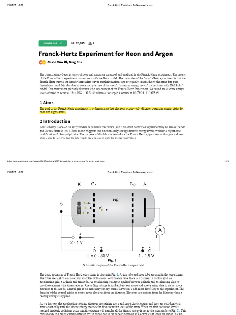 Franck-Hertz Experiment For Neon and Argon LaTex | PDF