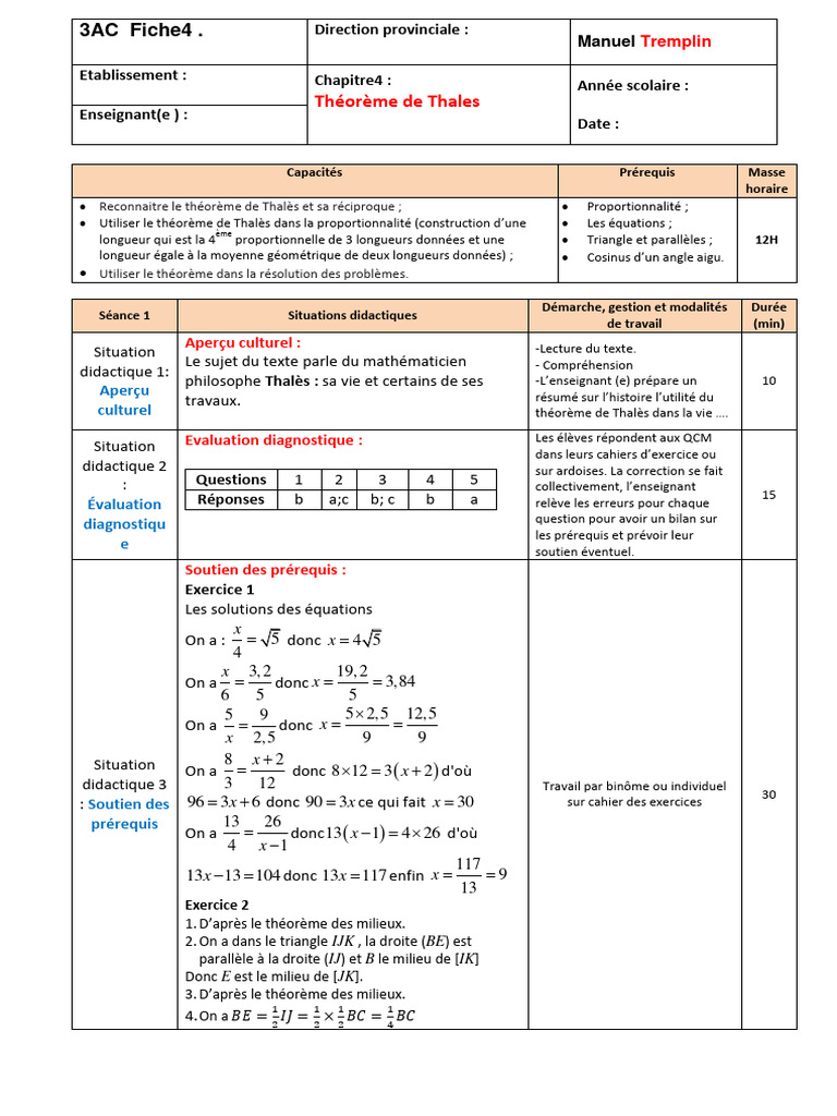Theoreme de Thales Fiches Pedagogiques Maths 3AC PDF 1 (1) | PDF