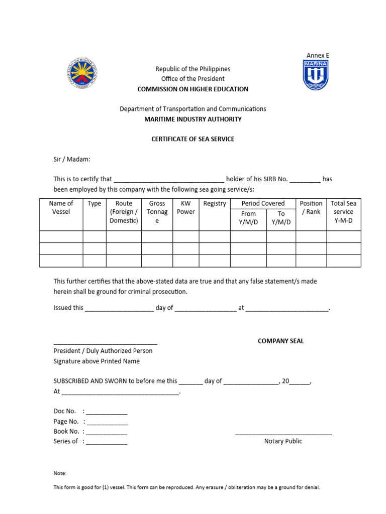 Marina Certificate of Sea Service Form | PDF | Business