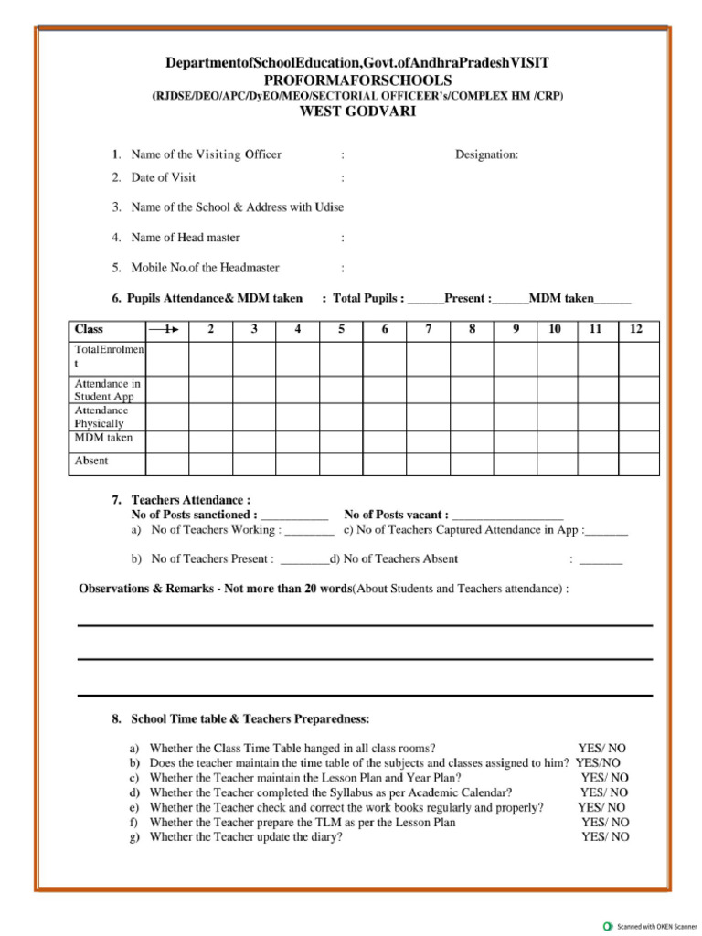 VISIT PROFORMA FOR SCHOOLS - WEST GODAVARI-1 (1) | PDF