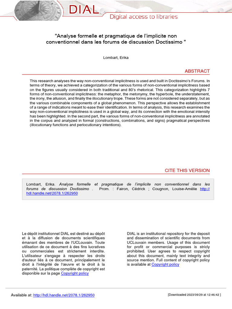 Analyse Formelle Et Pragmatique de L'implicite Non Conventionnel Dans ...