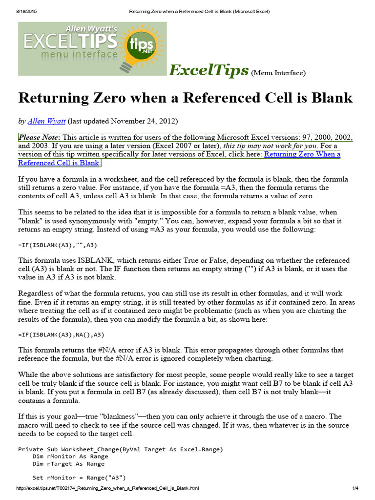 Returning Zero When A Referenced Cell Is Blank (Microsoft Excel) | PDF | Microsoft Excel | Computing
