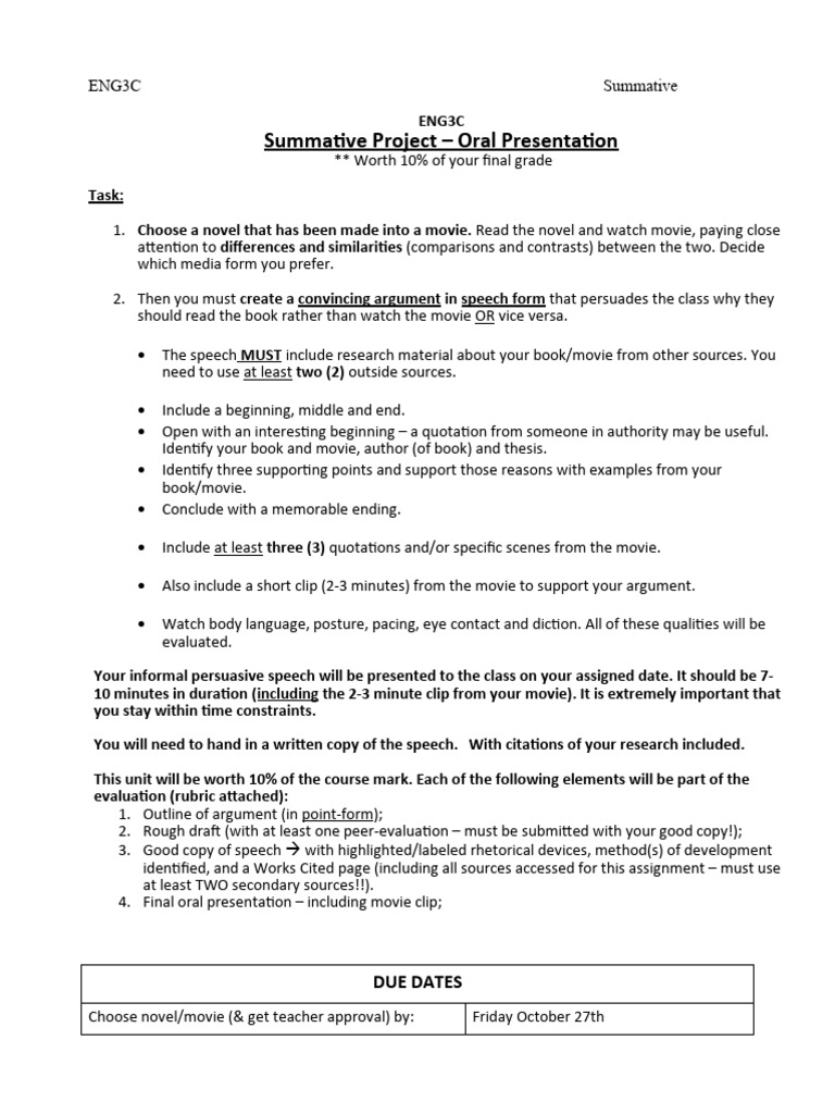 3C SUMMATIVE Movie Book Comparison - Speech Instructions | Download ...