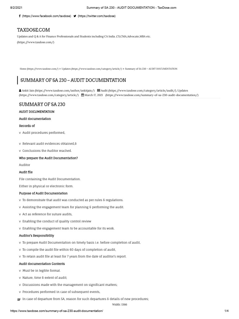 Summary Of Sa 230 Audit Documentation Pdf