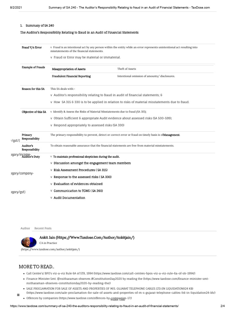 Summary of SA 240 - The Auditor's Responsibility Relating To Fraud in ...