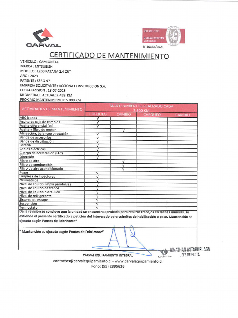 Certificado de Mantenimiento y Torque Patente SSRG-97 | PDF