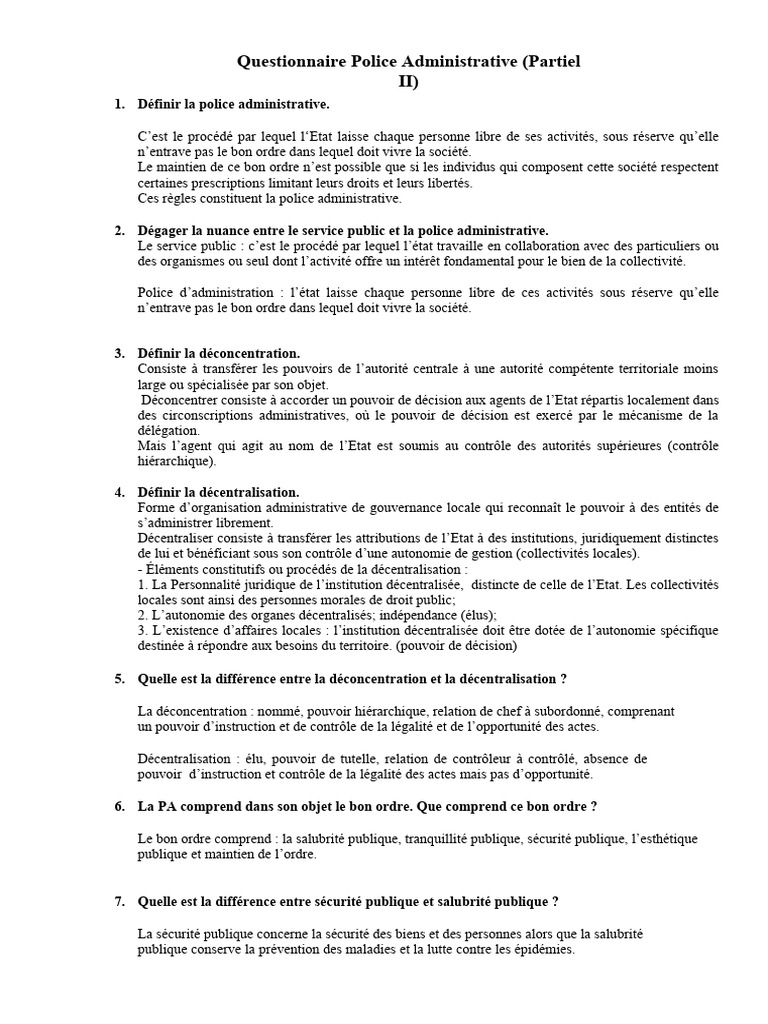 Questionnaire sur la Police Administrative | PDF | État | Décentralisation