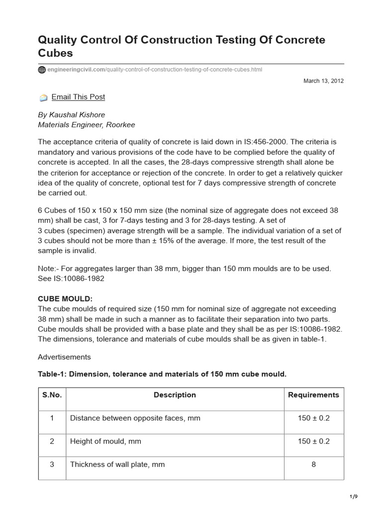 Concrete Cubes - Acceptance Criteria | PDF | Concrete | Calibration