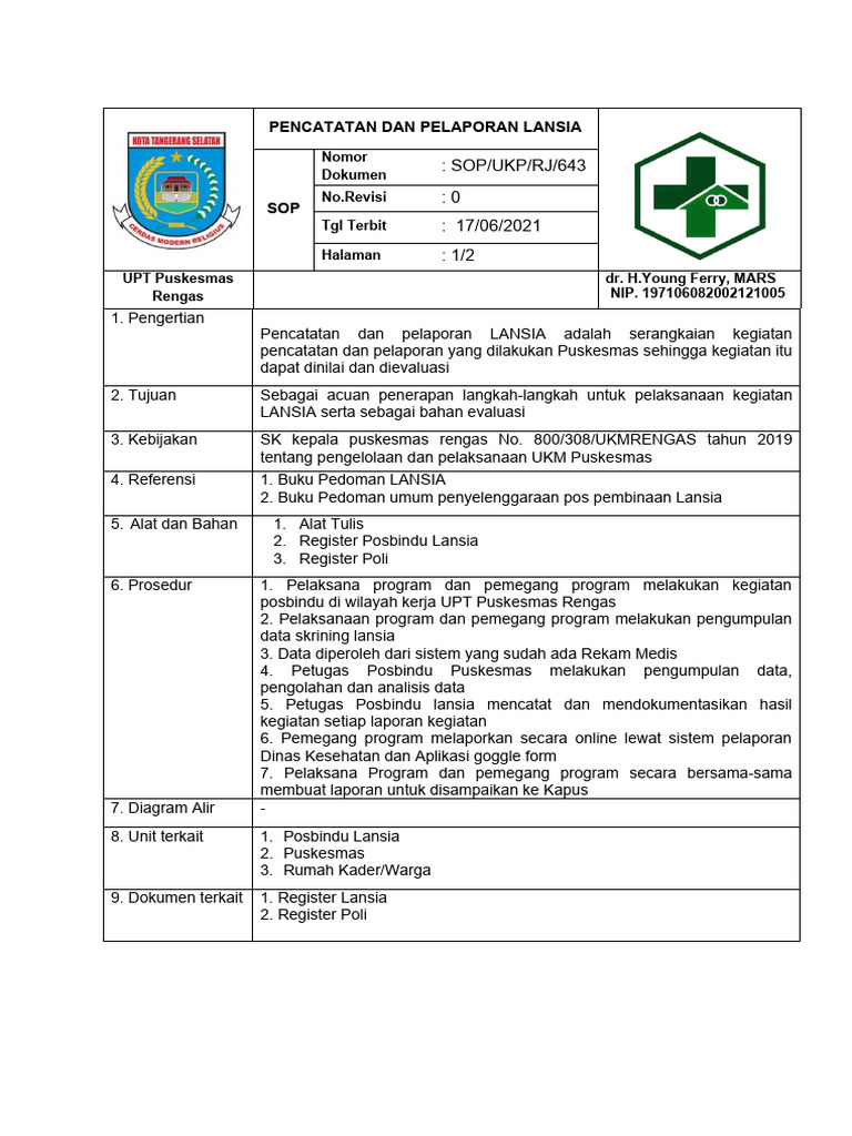 SOP Pencatatan Dan Pelaporan LANSIA | PDF | Pengembangan Diri | Kesehatan Holistik