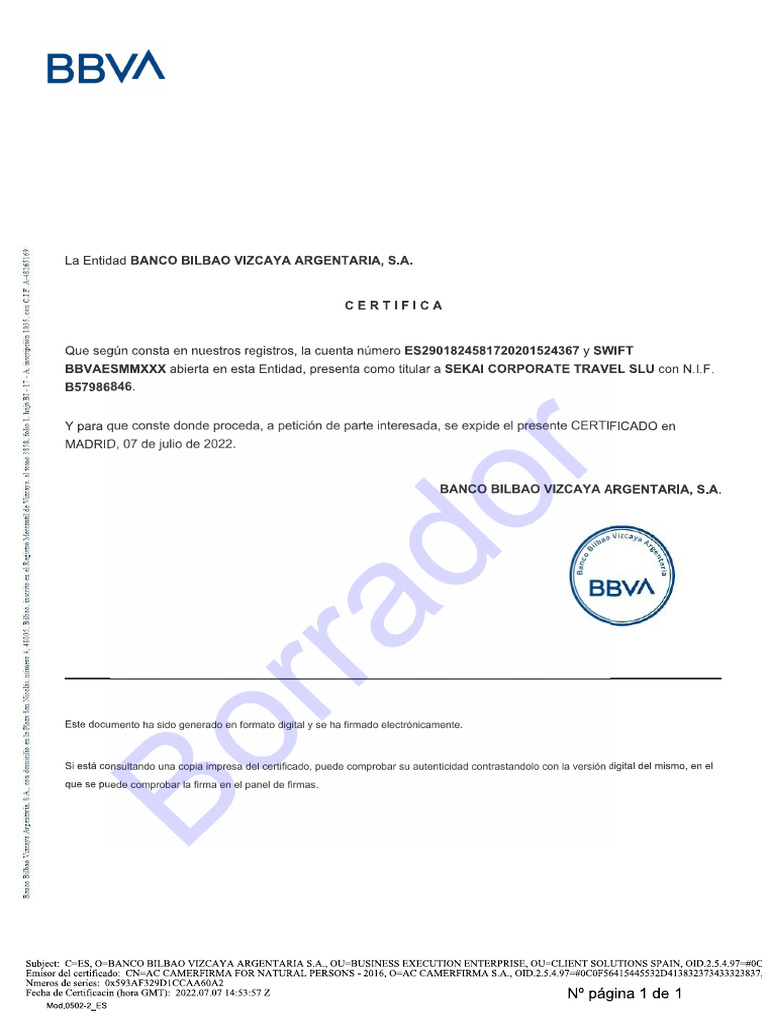 Certificado Titularidad Cuenta Bbva Sekai | PDF