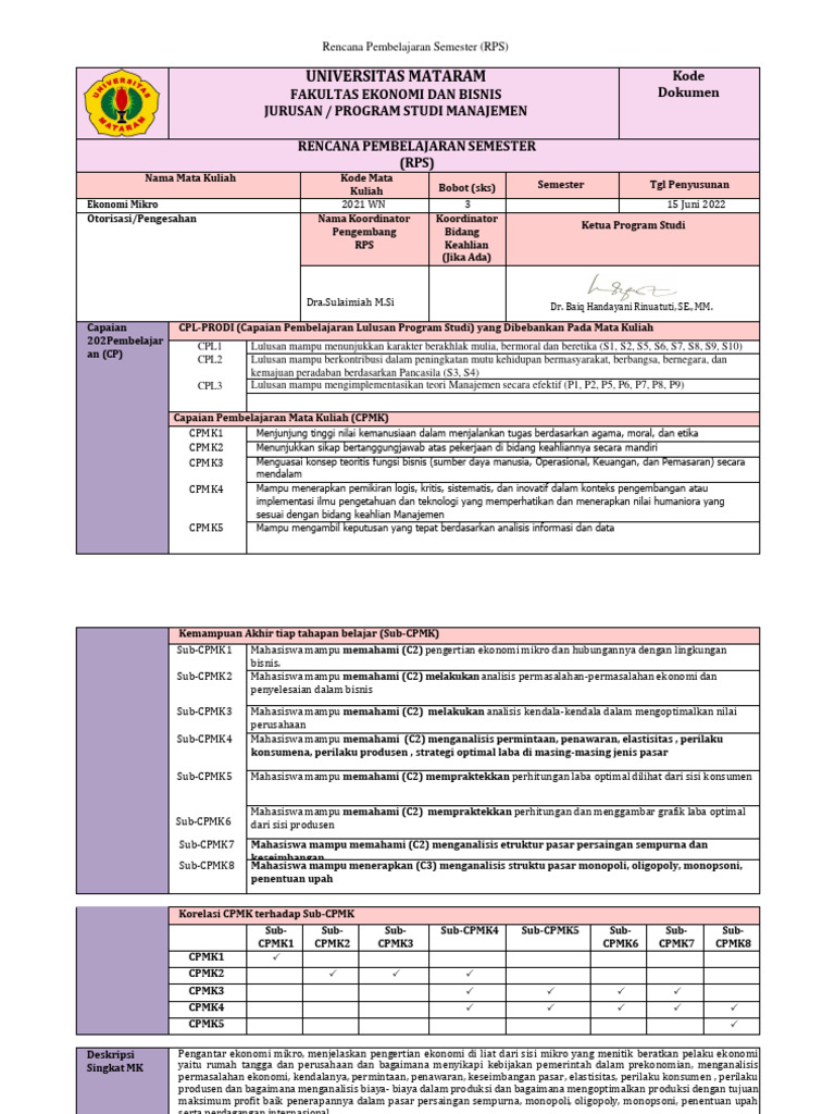 Edit RPS Dan RTM Eko Mikro Obe | PDF | Bisnis