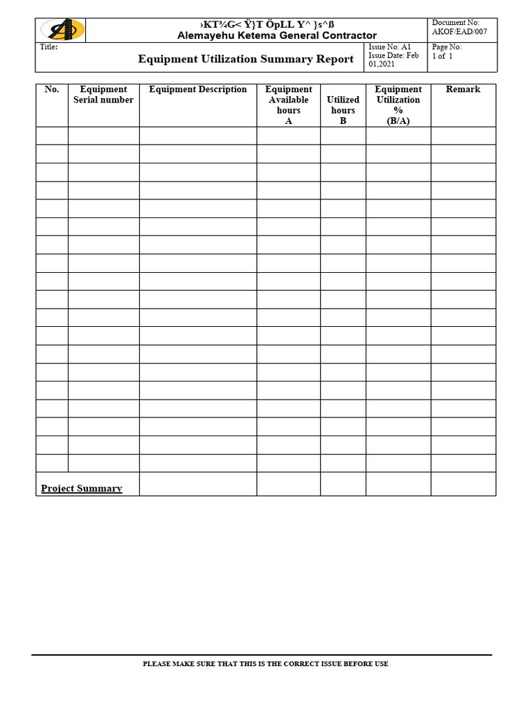 Equipment Utilization Summary | PDF | Technology & Engineering