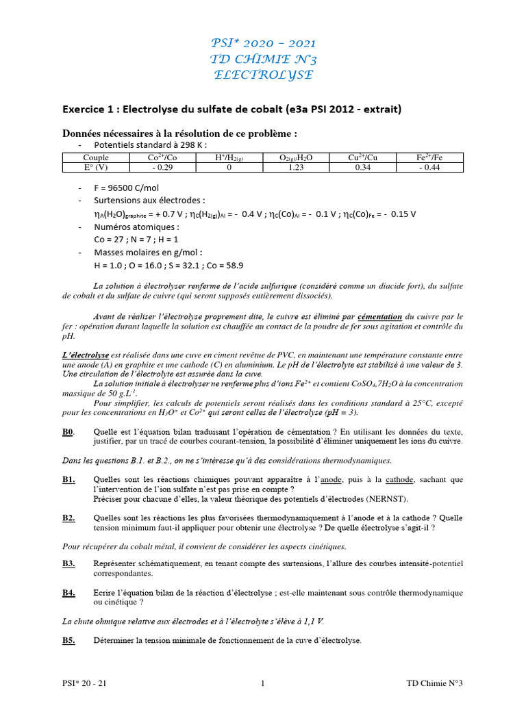 TD Chimie No3 - Electrolyse-2 | PDF