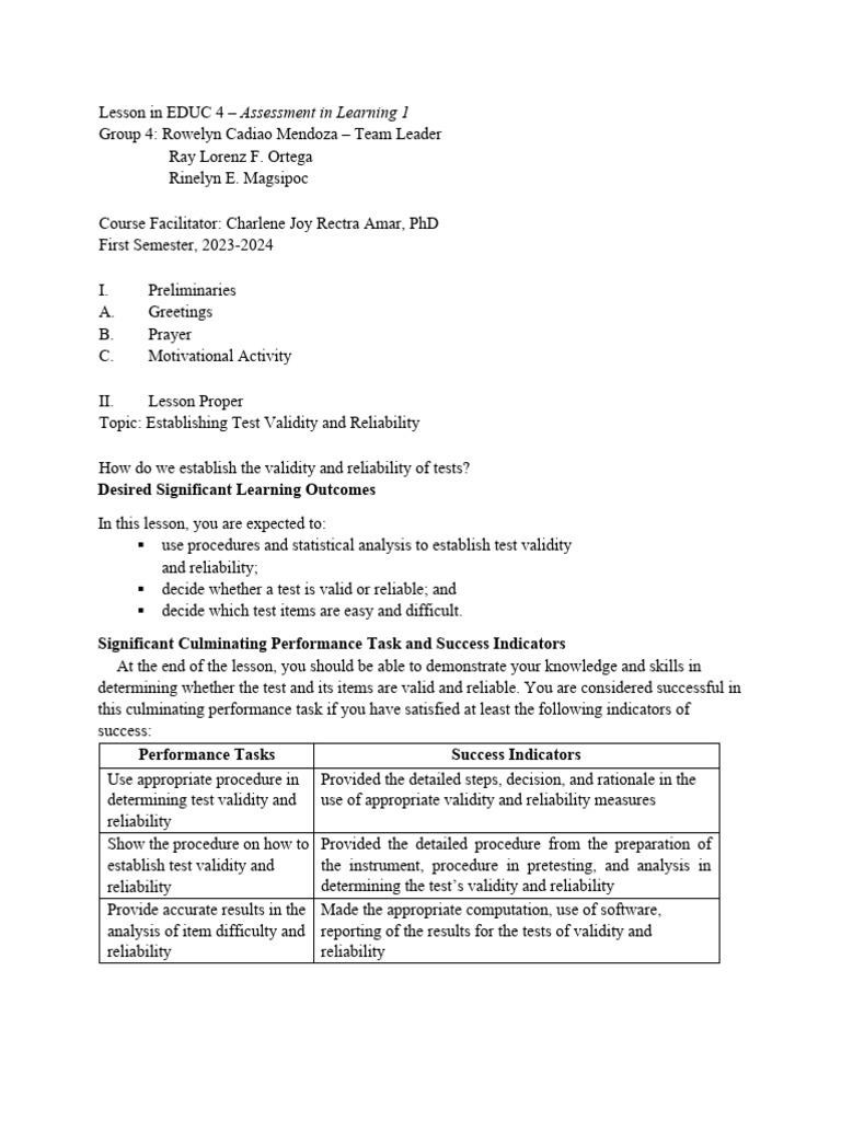 Lesson in EDUC 4 (Establishing Test Validity and Reliability) | PDF ...