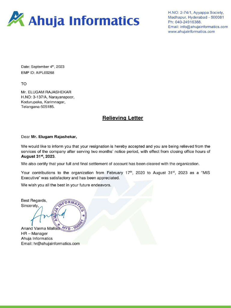 Relieving Letter | PDF