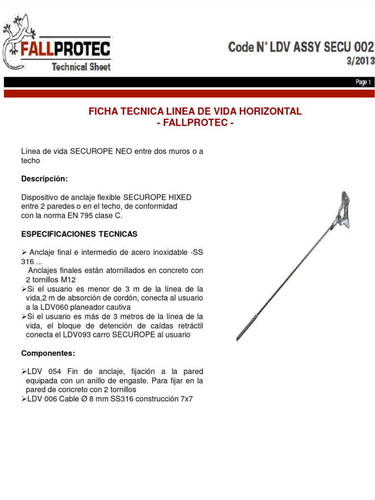 Ficha Tecnica Linea de Vida Horizontal - Fallprotec - : Descripción ...