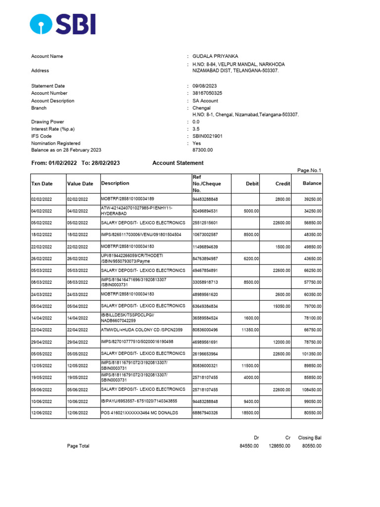 Salary Statement (Sbi) 10-08-2023 | PDF | Debit Card | Cheque