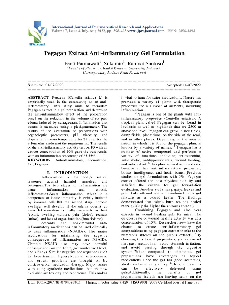 Pegagan Extract Anti inflammatory Gel Formulation | PDF | Topical ...