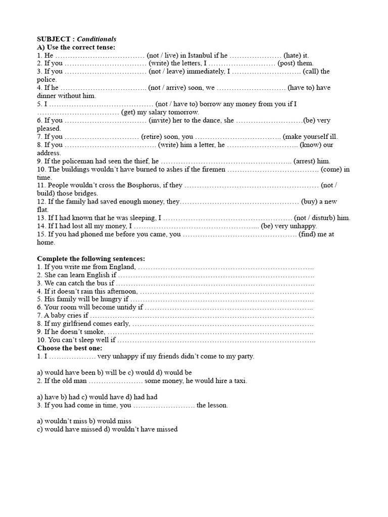 SUBJECT: Conditionals A) Use The Correct Tense | PDF