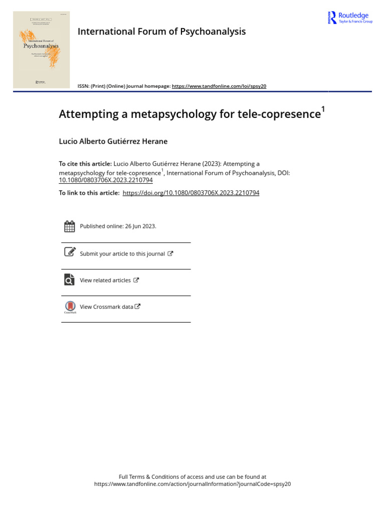 Attempting A Metapsychology For Tele Copresence | PDF | Psychoanalysis ...