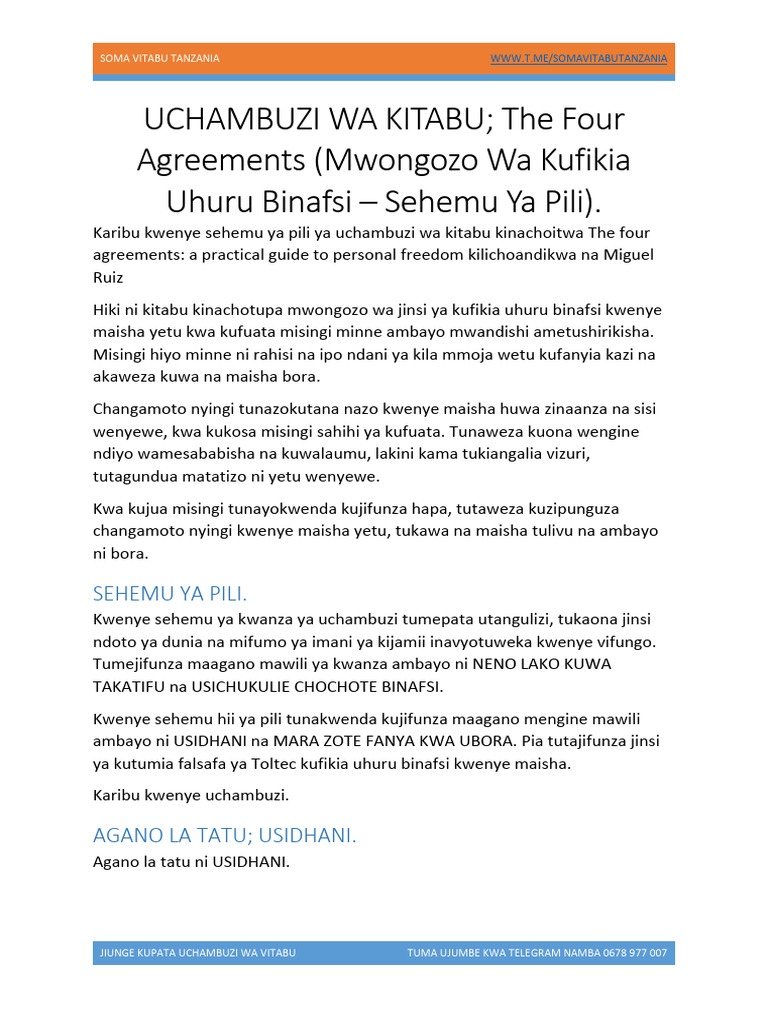 UCHAMBUZI WA KITABU The Four Agreements Mwongozo Wa Kufikia Uhuru | PDF