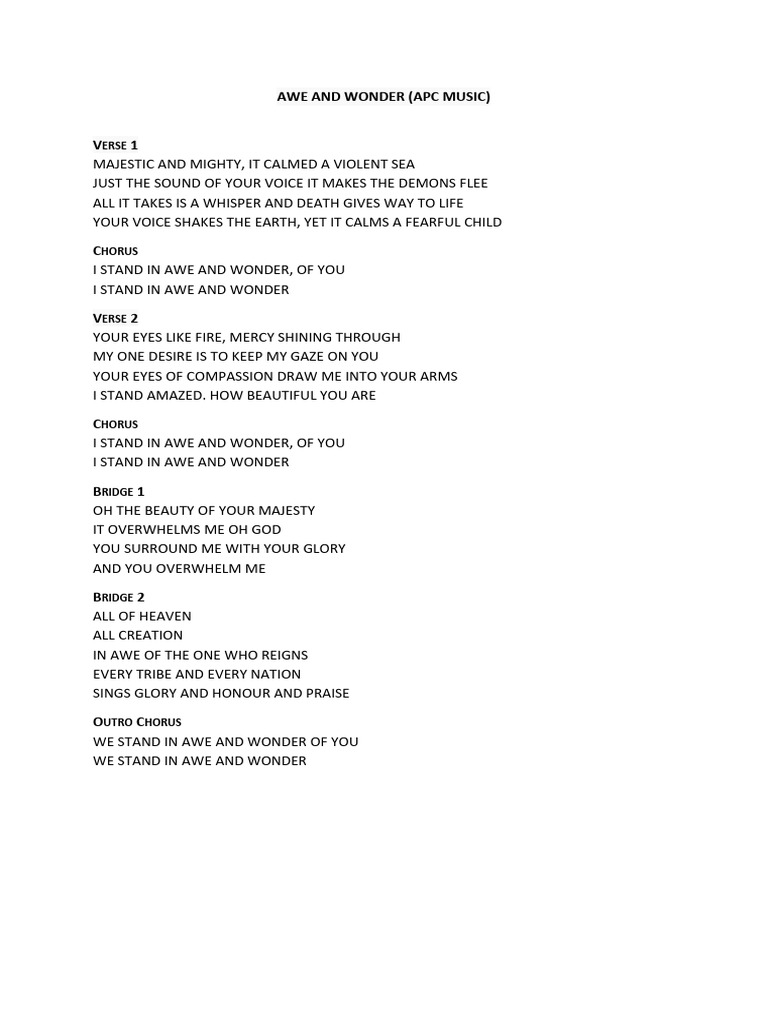 Awe and Wonder - Final Lyrics | PDF | Religion & Spirituality