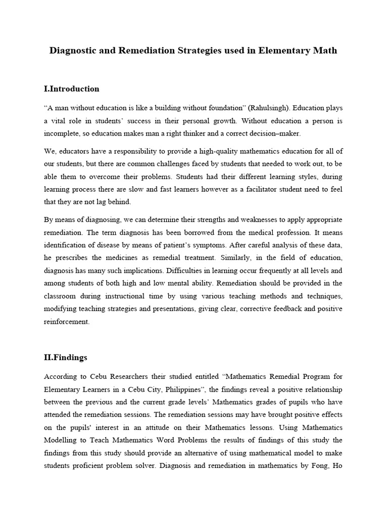 Diagnostic And Remediation Strategies Used In Elementary Math Pdf