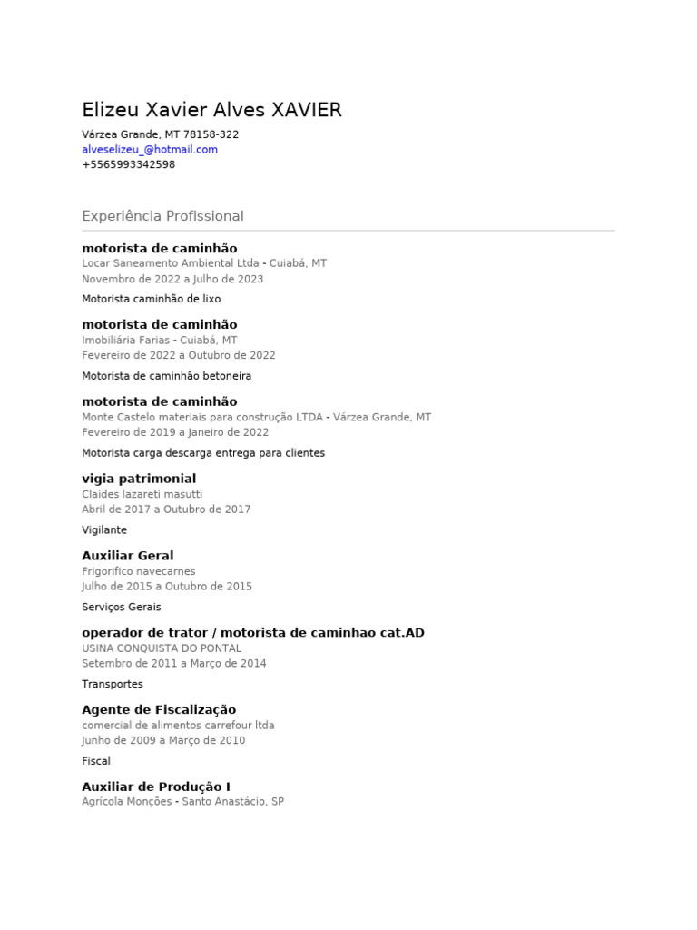 Currículo Elizeu Xavier Alves XAVIER | PDF