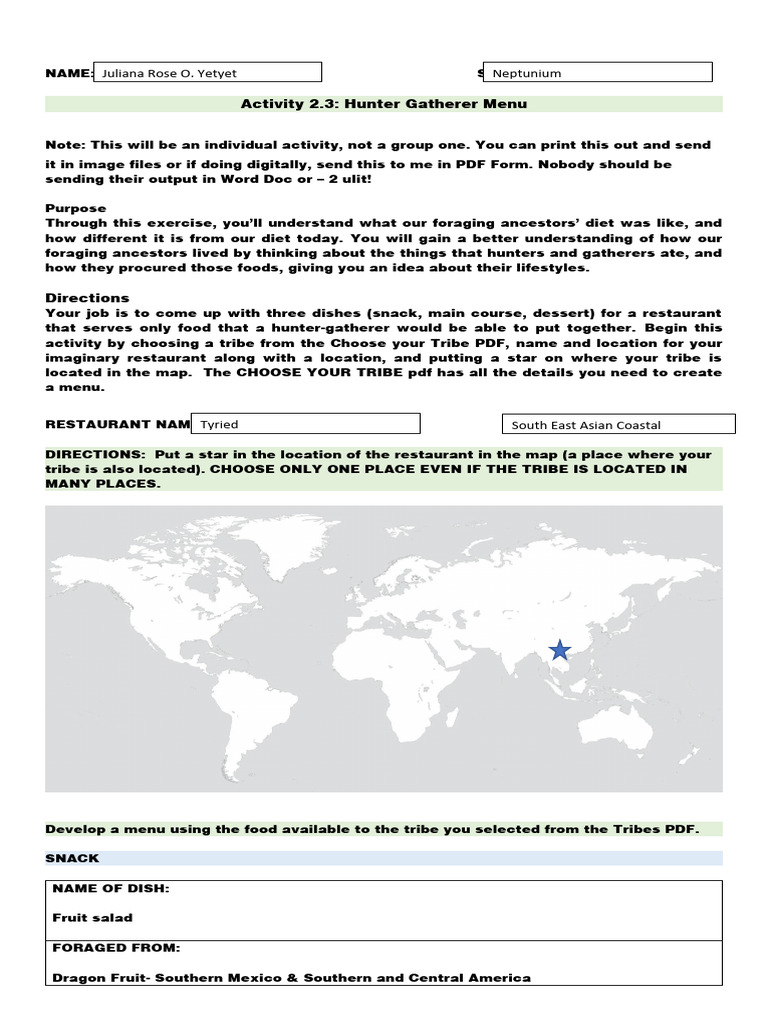 Activity 2.3 Hunter Gatherer Menu | PDF