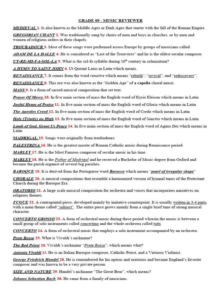 Mapeh 09 Music Pointers to Reviewer q1 | PDF | Johann Sebastian Bach | Baroque Music