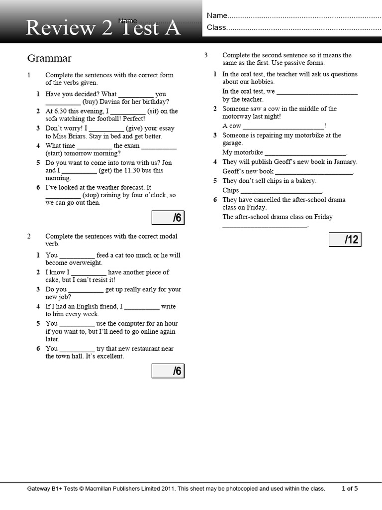 Gateway B1+ Review 2 Test A | PDF
