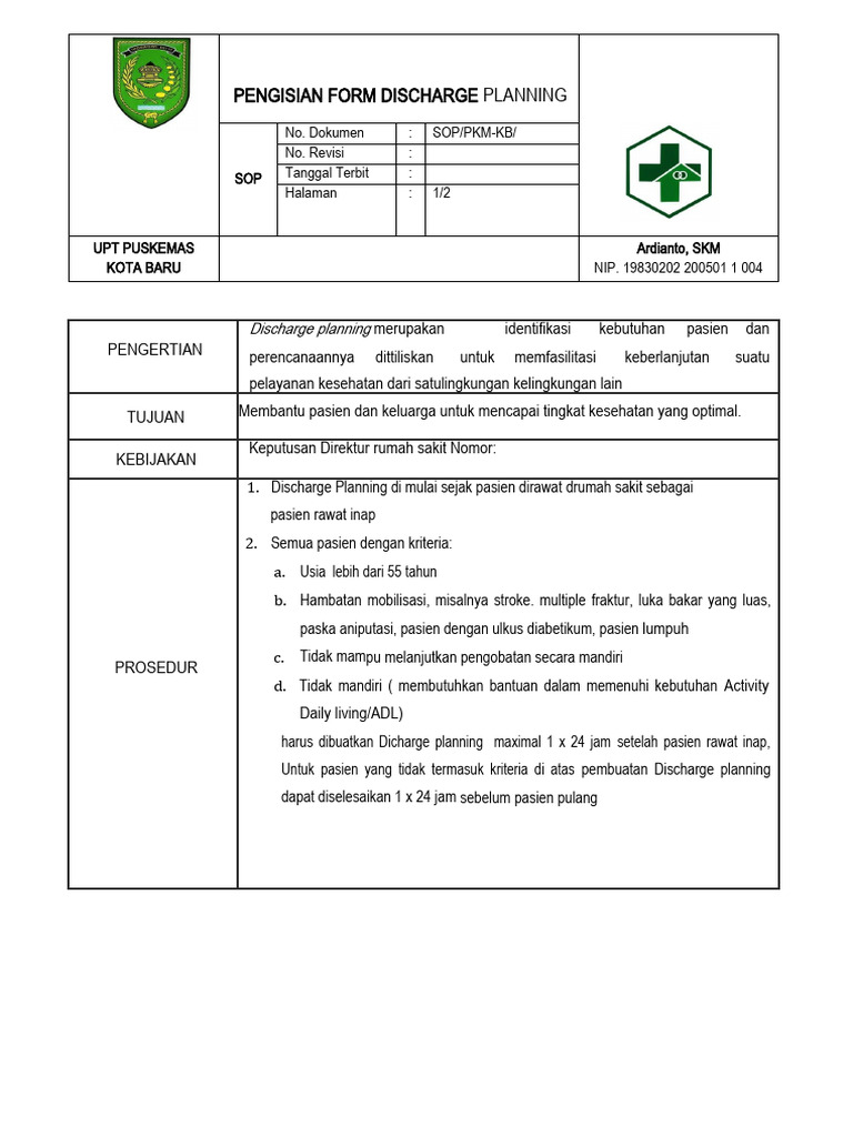 Sop Pengisian Form Discharge Planning | PDF