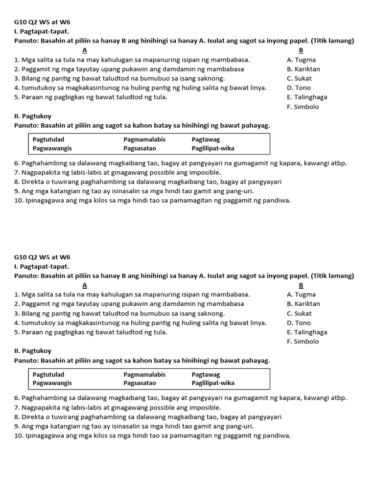 Pagtutulad Pagmamalabis Pagtawag Pagwawangis Pagsasatao Paglilipat-Wika ...