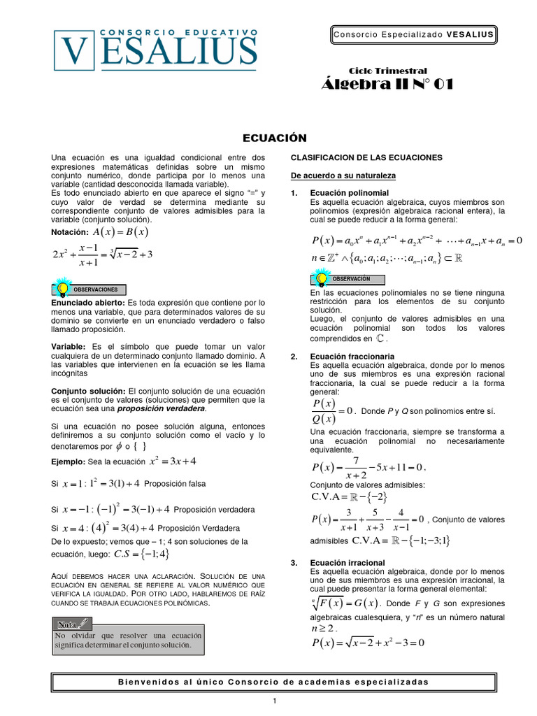 Algebra II. (01) Ecuación | PDF | Ecuaciones | Variable (Matemáticas)