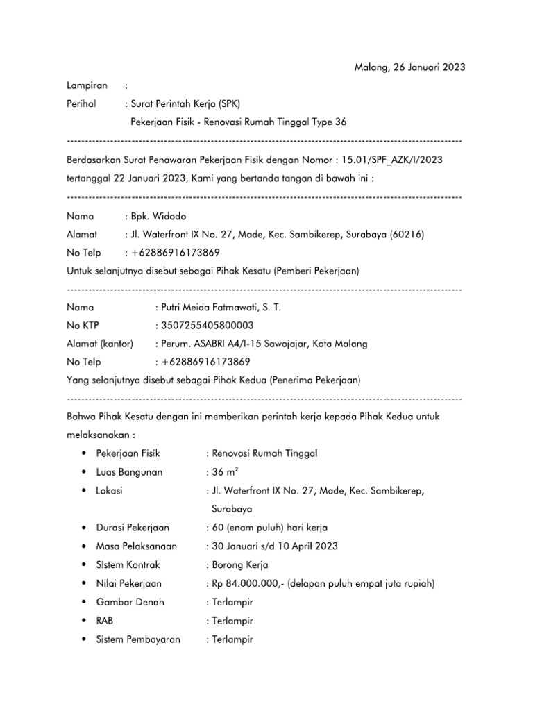 01 - SPK PEKERJAAN FISIK - RENOVASI - BP Widodo Sby - Update | PDF