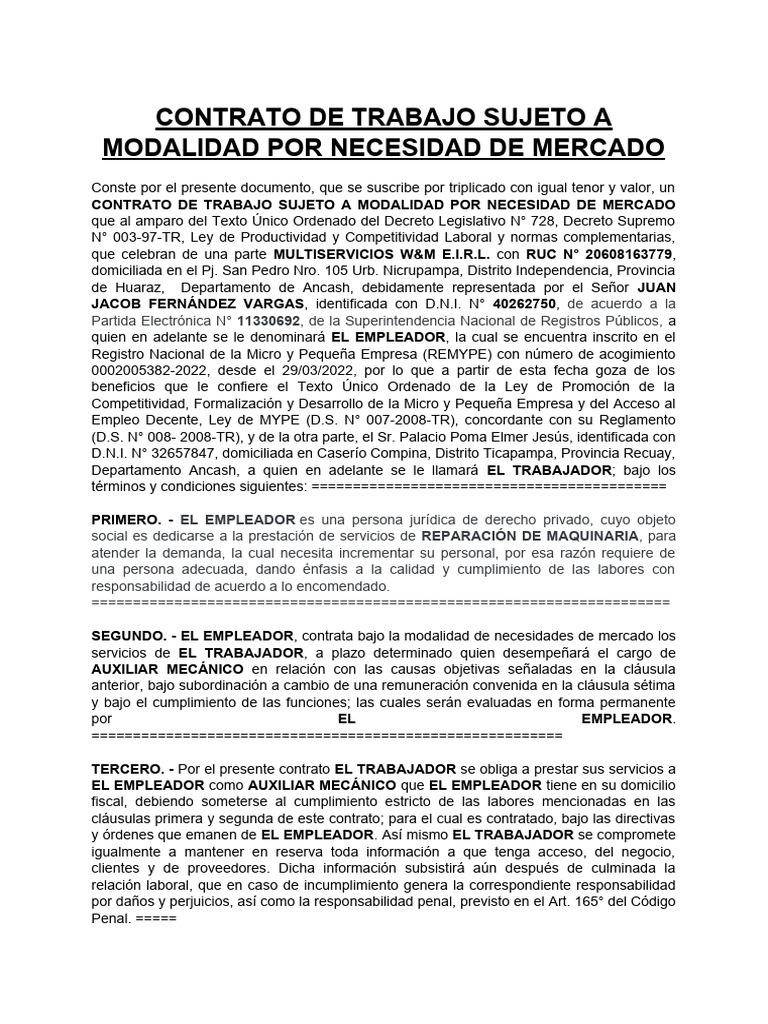 Contrato de Trabajo Sujeto A Modalidad Por Necesidad de Mercado | PDF | Derecho laboral | Clase ...